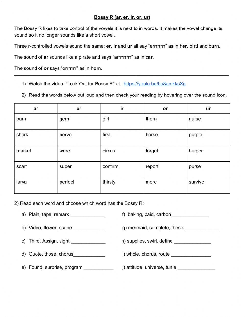 Bossy R | Free Interactive Worksheets | 230323