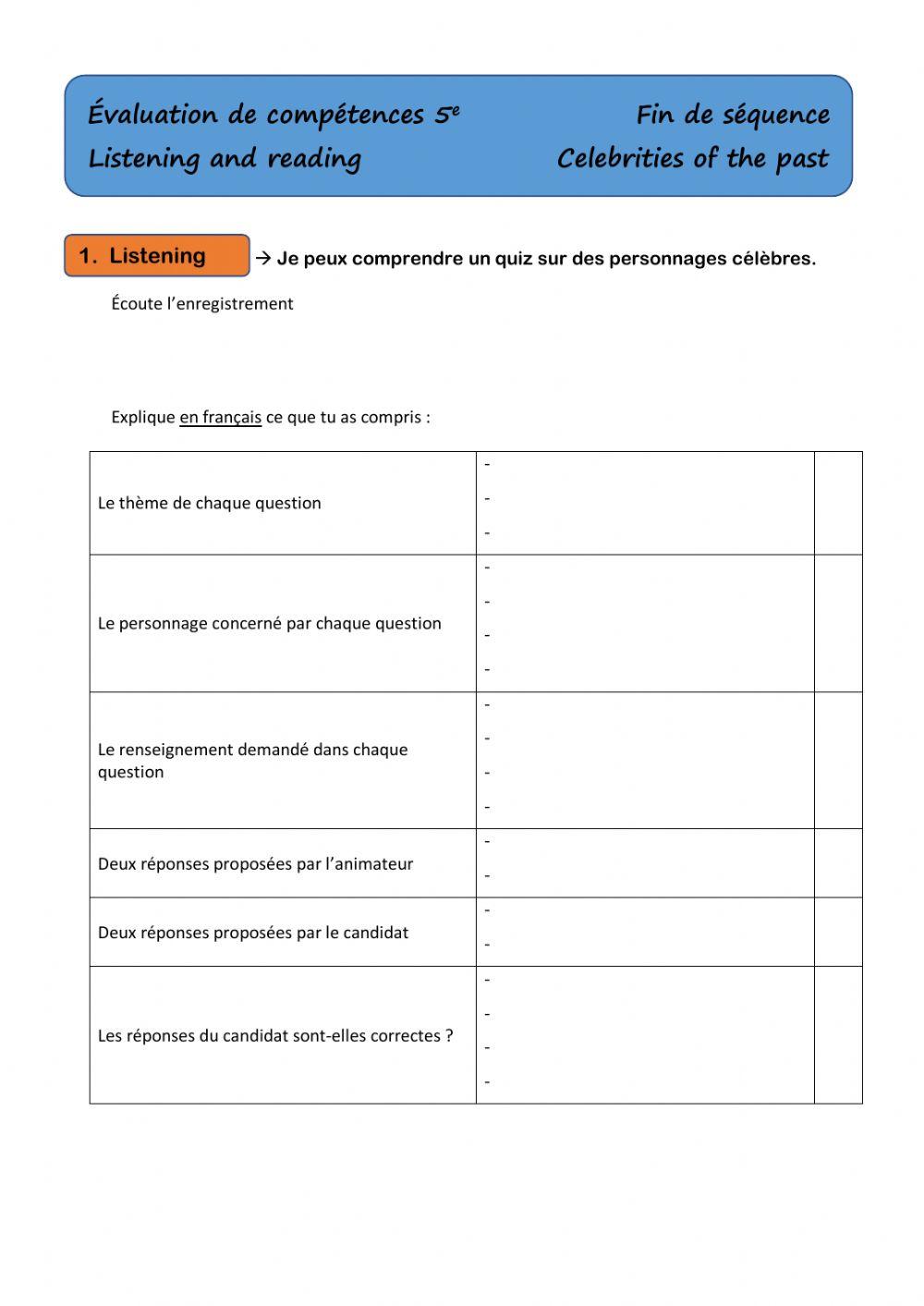 Evaluation compétences 5e - séquence -Celebrities of the past- online exercise for | Live Worksheets