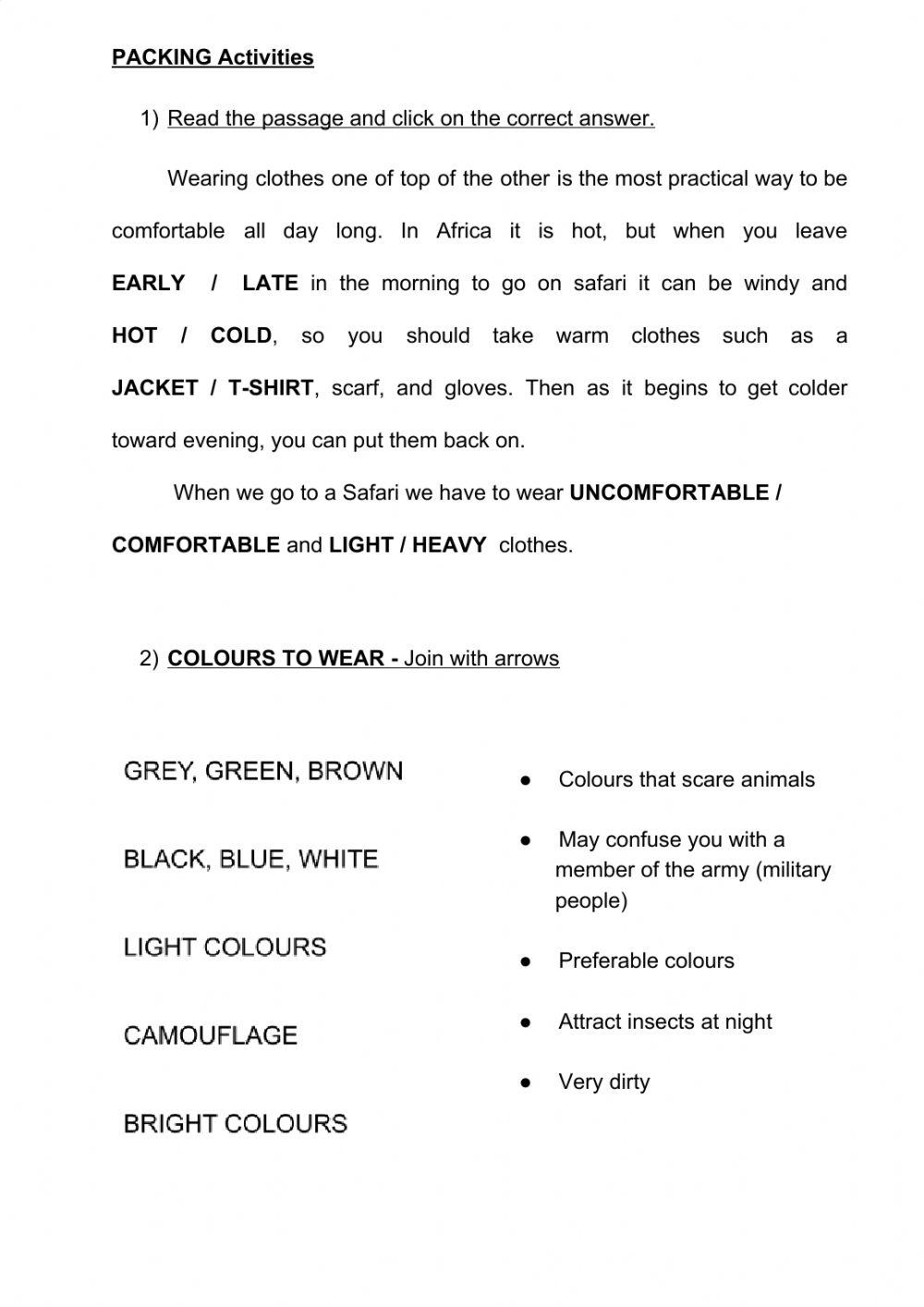PACKING for safaris worksheet | Live Worksheets