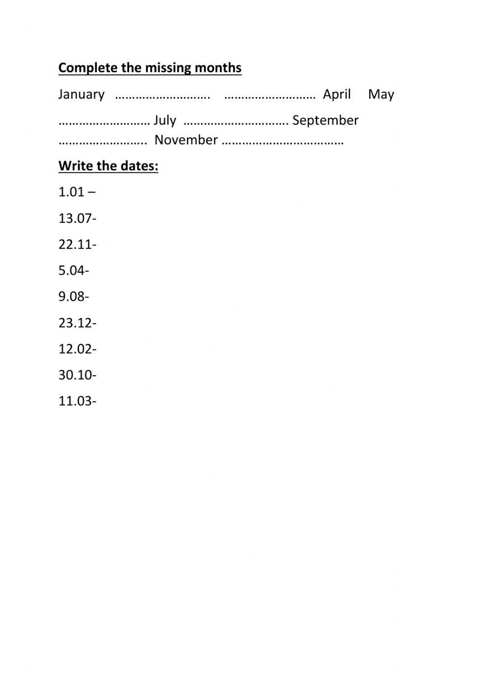 Months dates worksheet | Live Worksheets