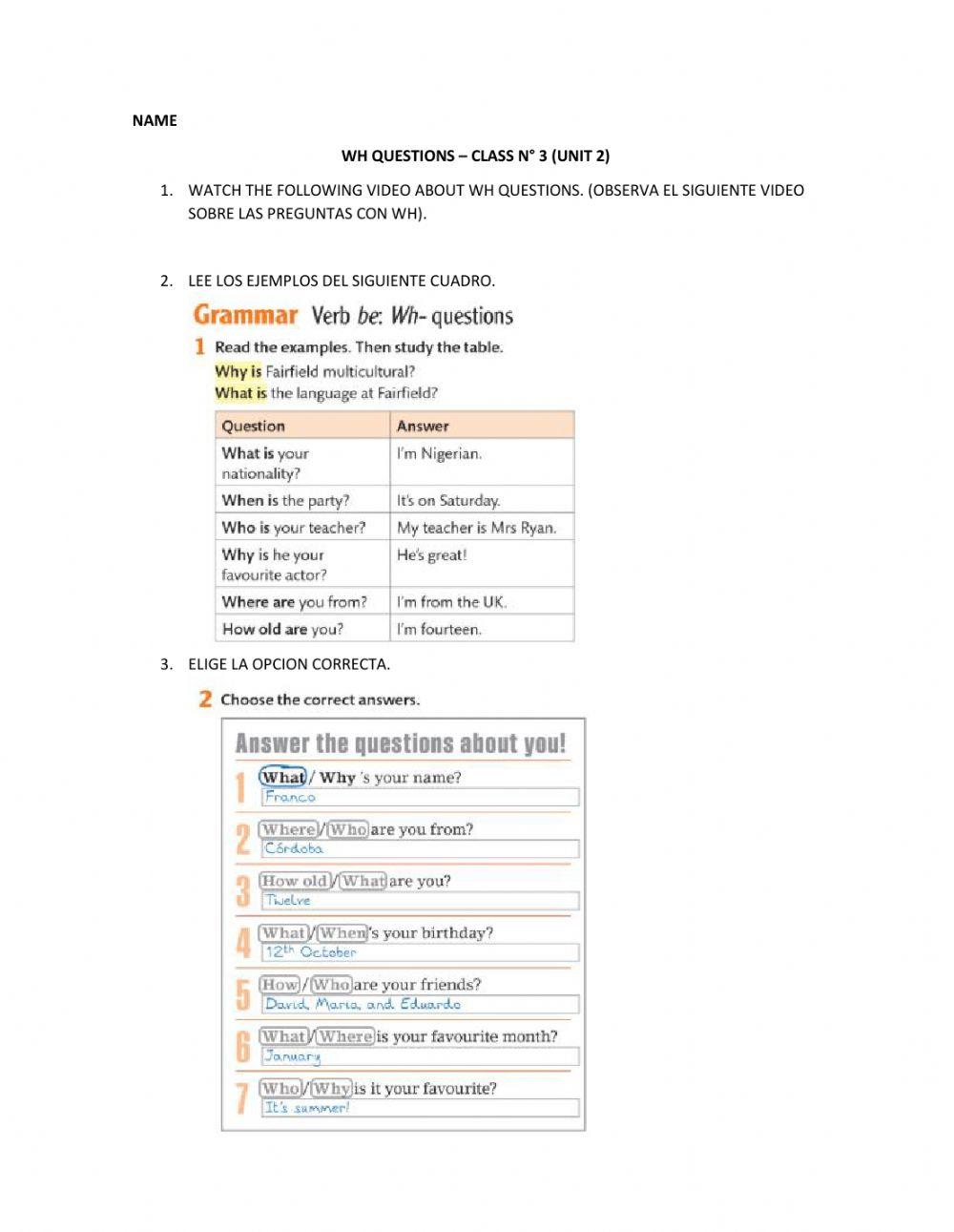 Pdf online exercise: Wh questions | Live Worksheets