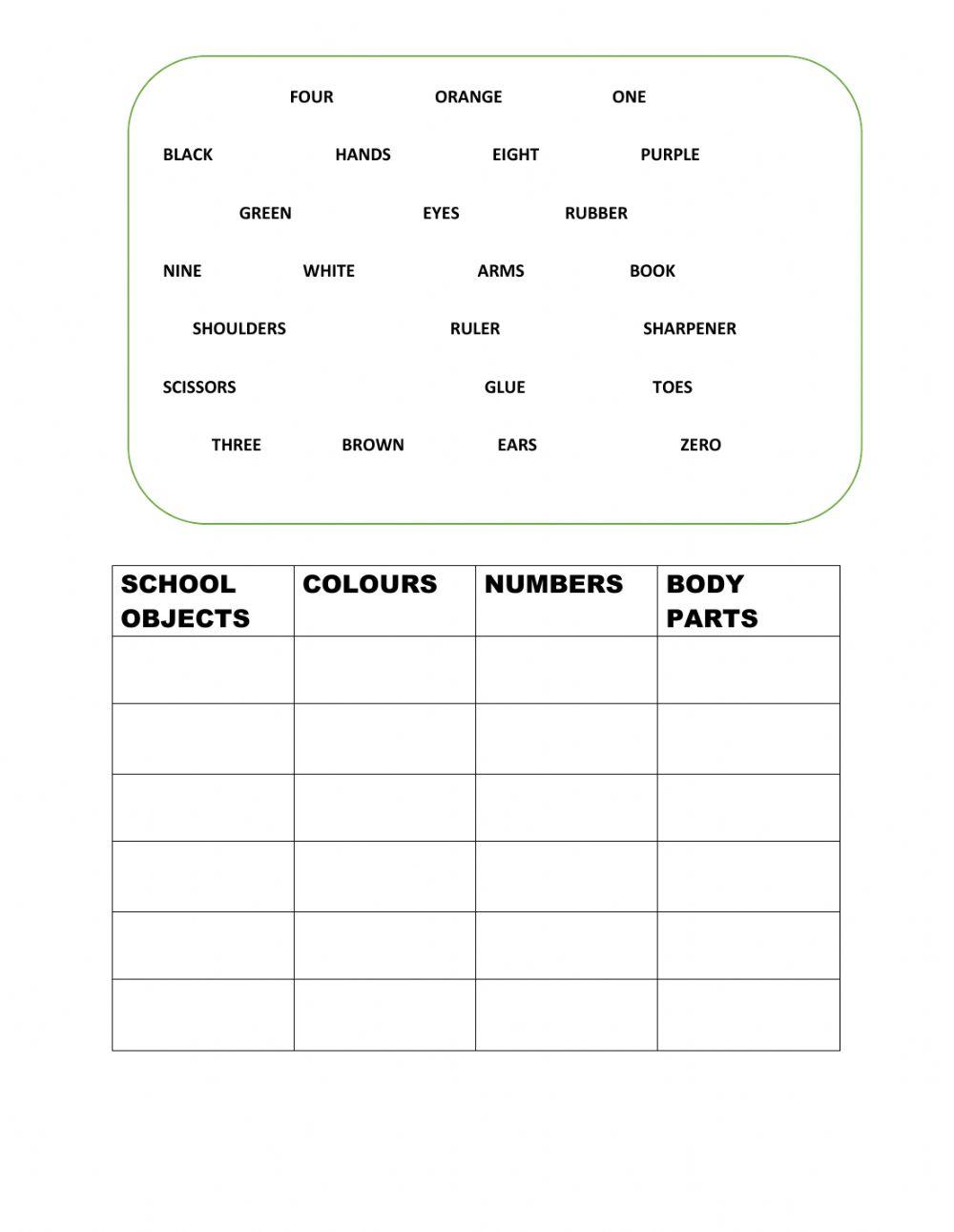 Colours,numbers,school objects and body parts worksheet | Live Worksheets