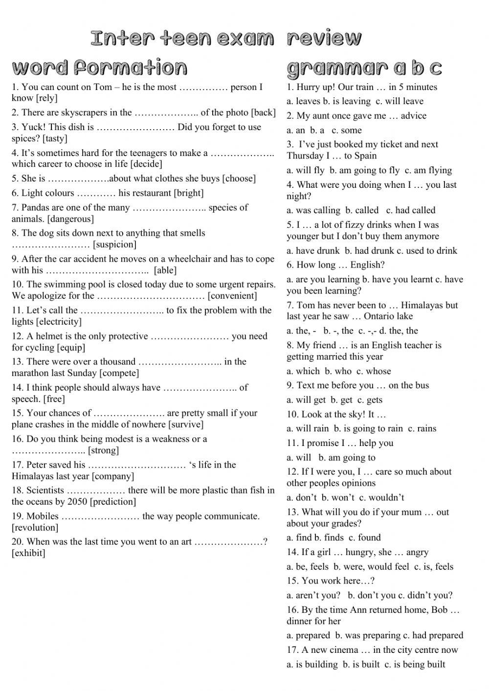 Inter teen final exam review worksheet | Live Worksheets