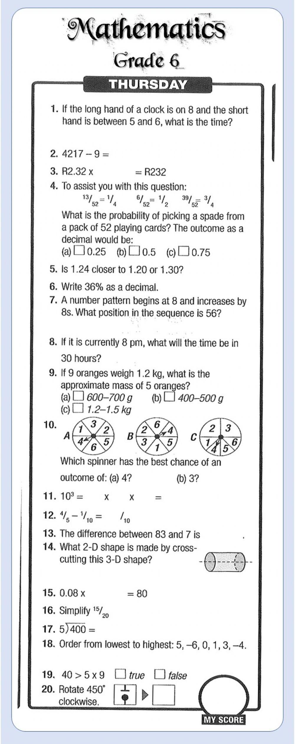 Mental Maths 6 - W15 - Thursday worksheet | Live Worksheets