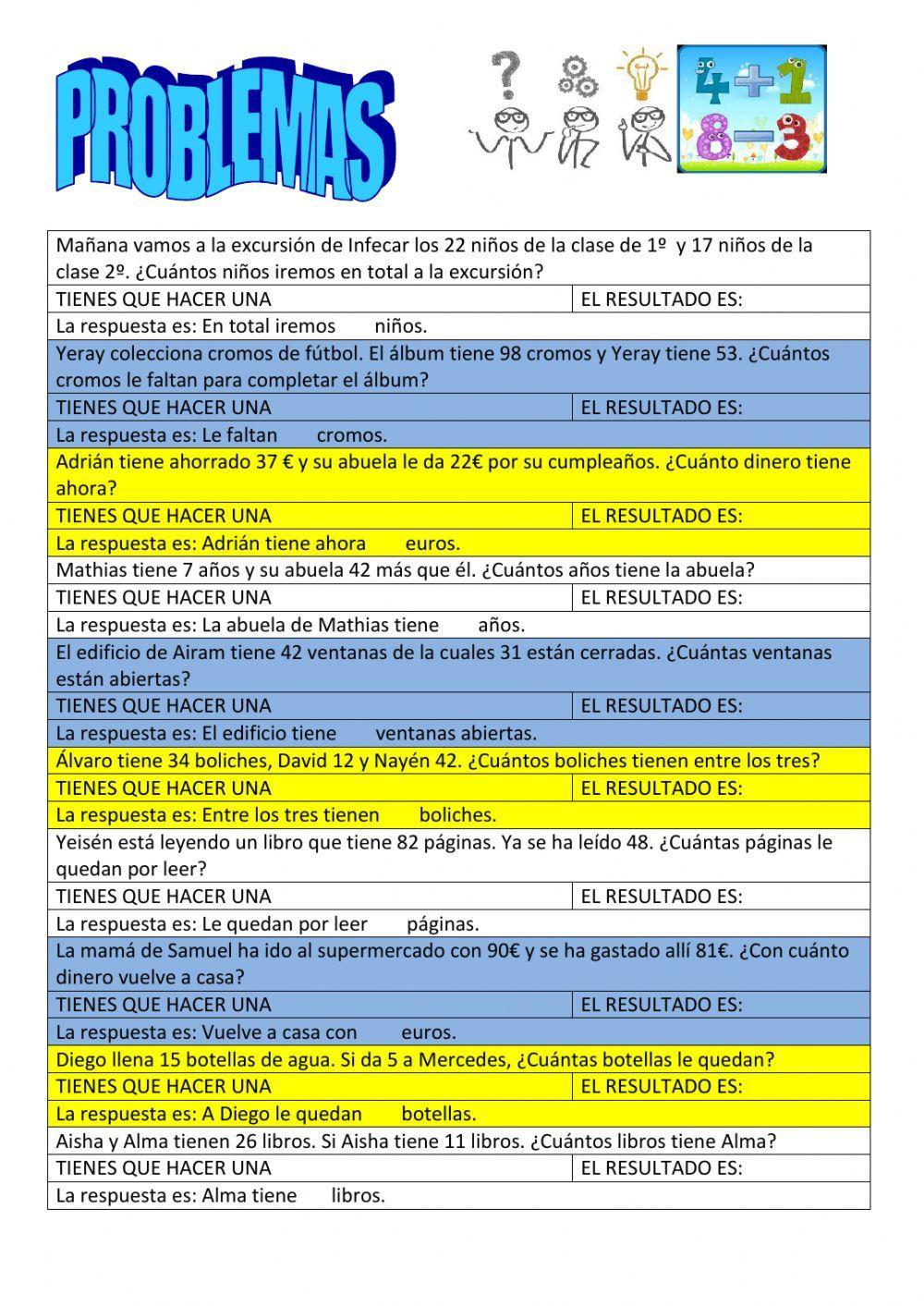 Problemas matematicos sencillos interactive worksheet | Live Worksheets