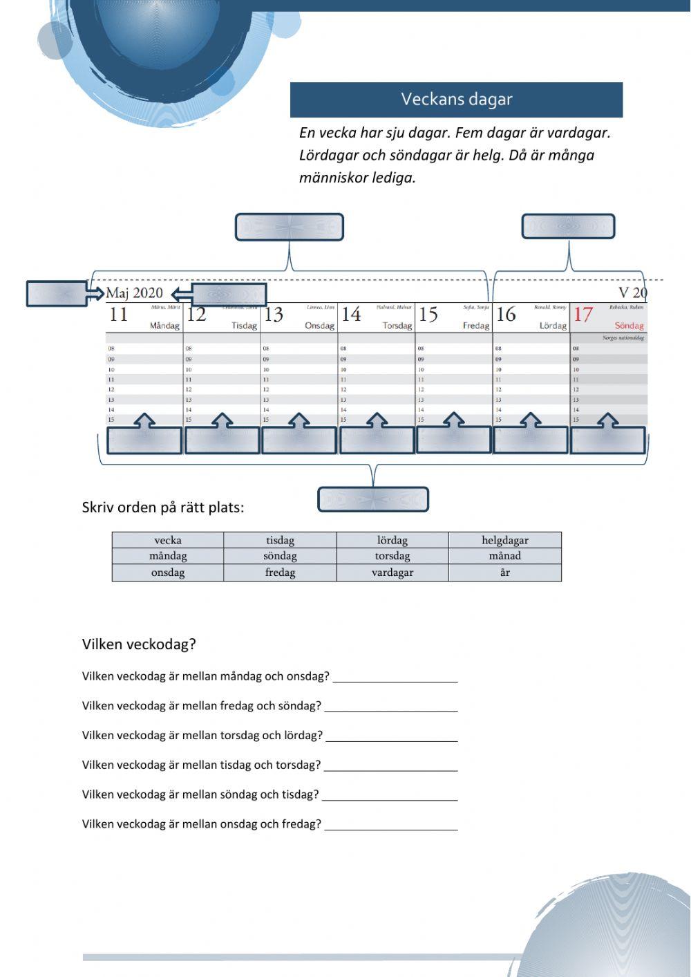 Veckodagar | Free Interactive Worksheets | 233266