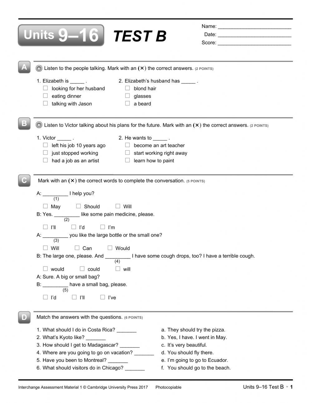Pre-Test B, Units 9-16 IC Level 1 online exercise for | Live Worksheets