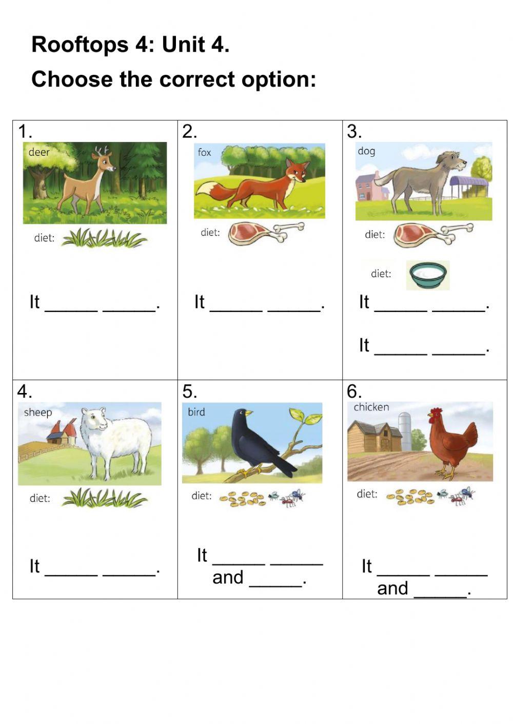 Rooftops 4: Unit 4 - Choose and write (eats-drinks + vocabulary) worksheet | Live Worksheets