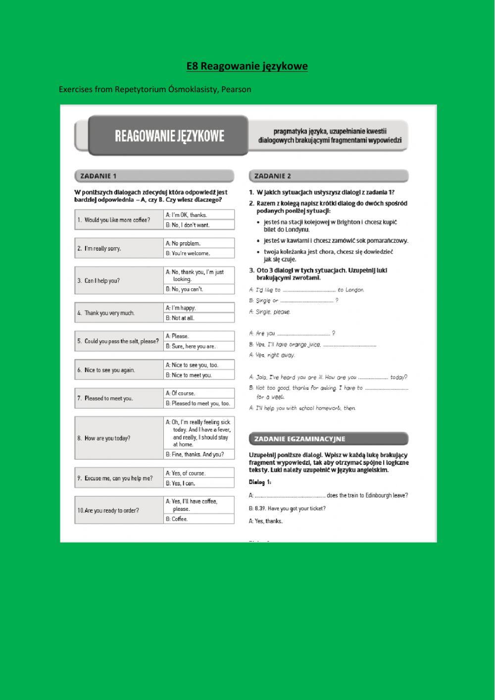 E8 reagowanie językowe worksheet | Live Worksheets