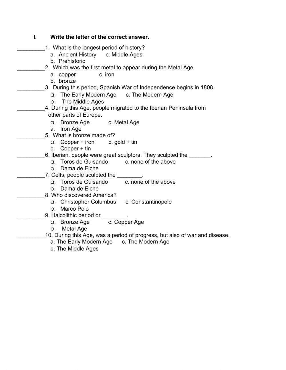 Unit 5: What are the periods of prehistory? worksheet | Live Worksheets