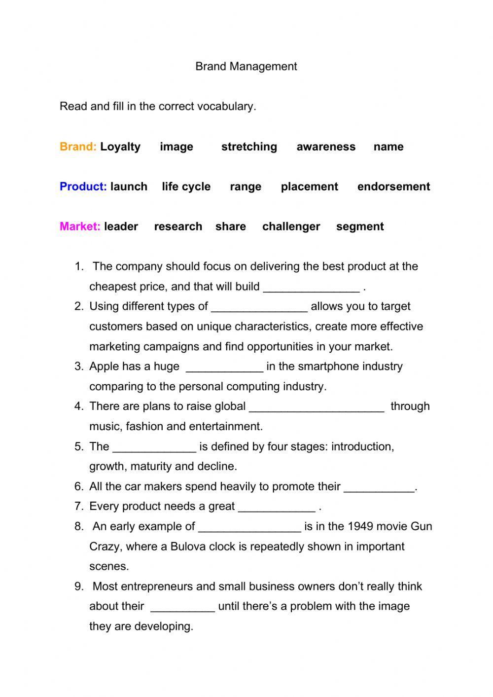 Brand Management | Free Interactive Worksheets | 234752