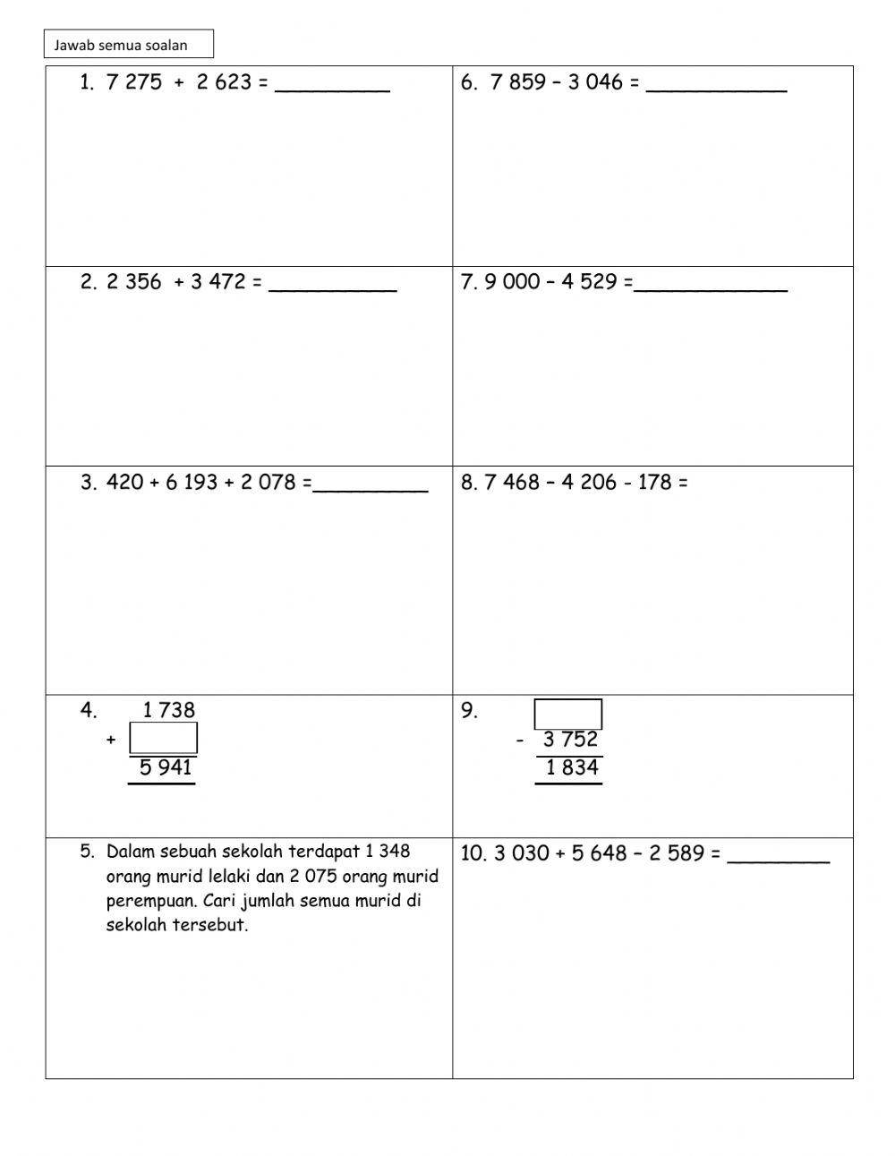 Tambah dan tolak | Free Interactive Worksheets | 235032