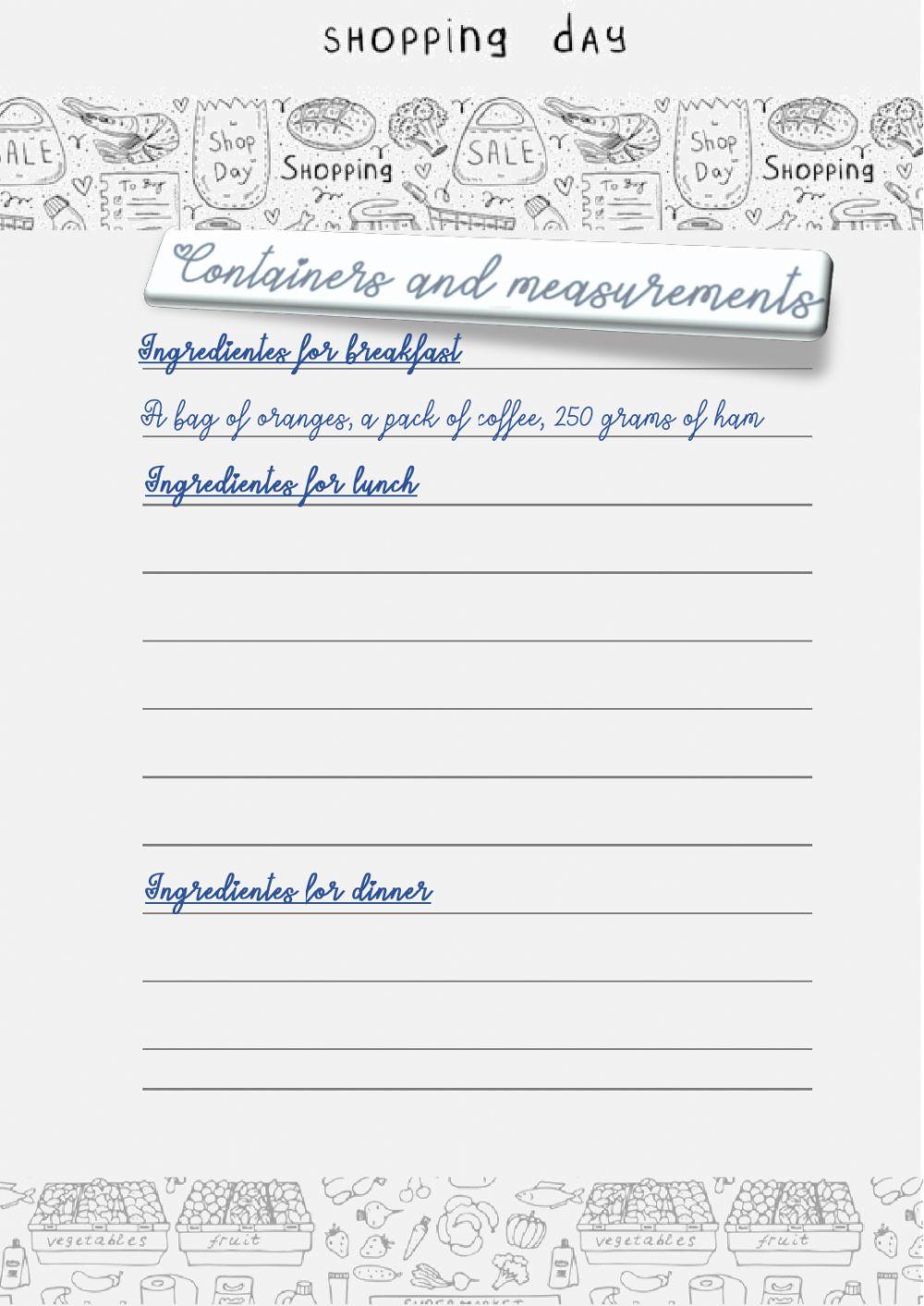 Restaurante measurements and containers interactive worksheet | Live ...
