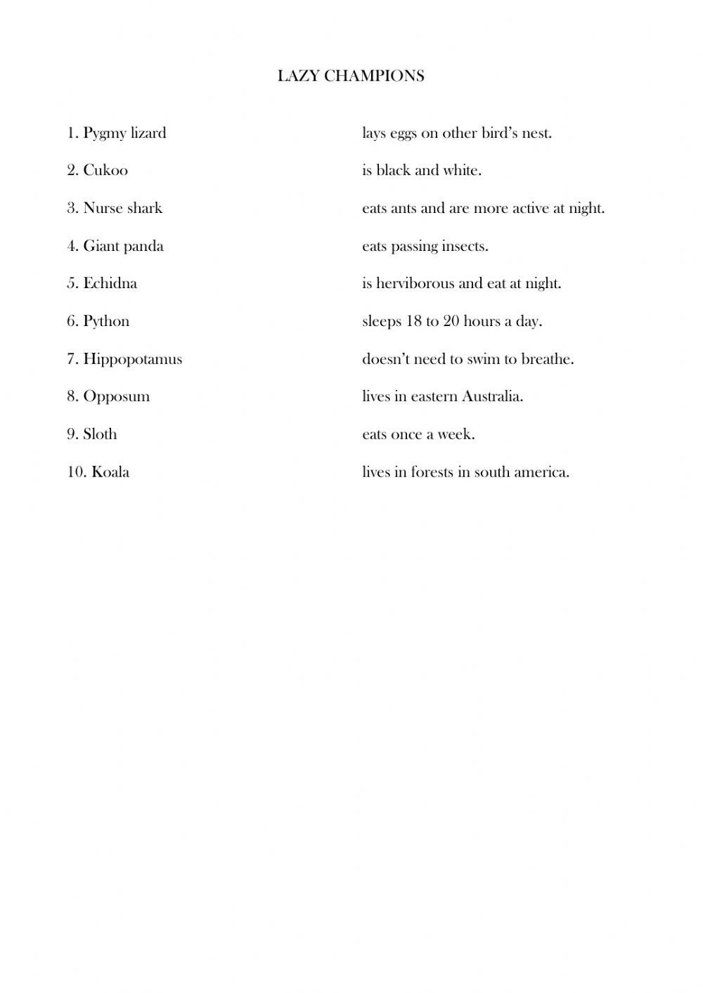 Lazy champions worksheet | Live Worksheets