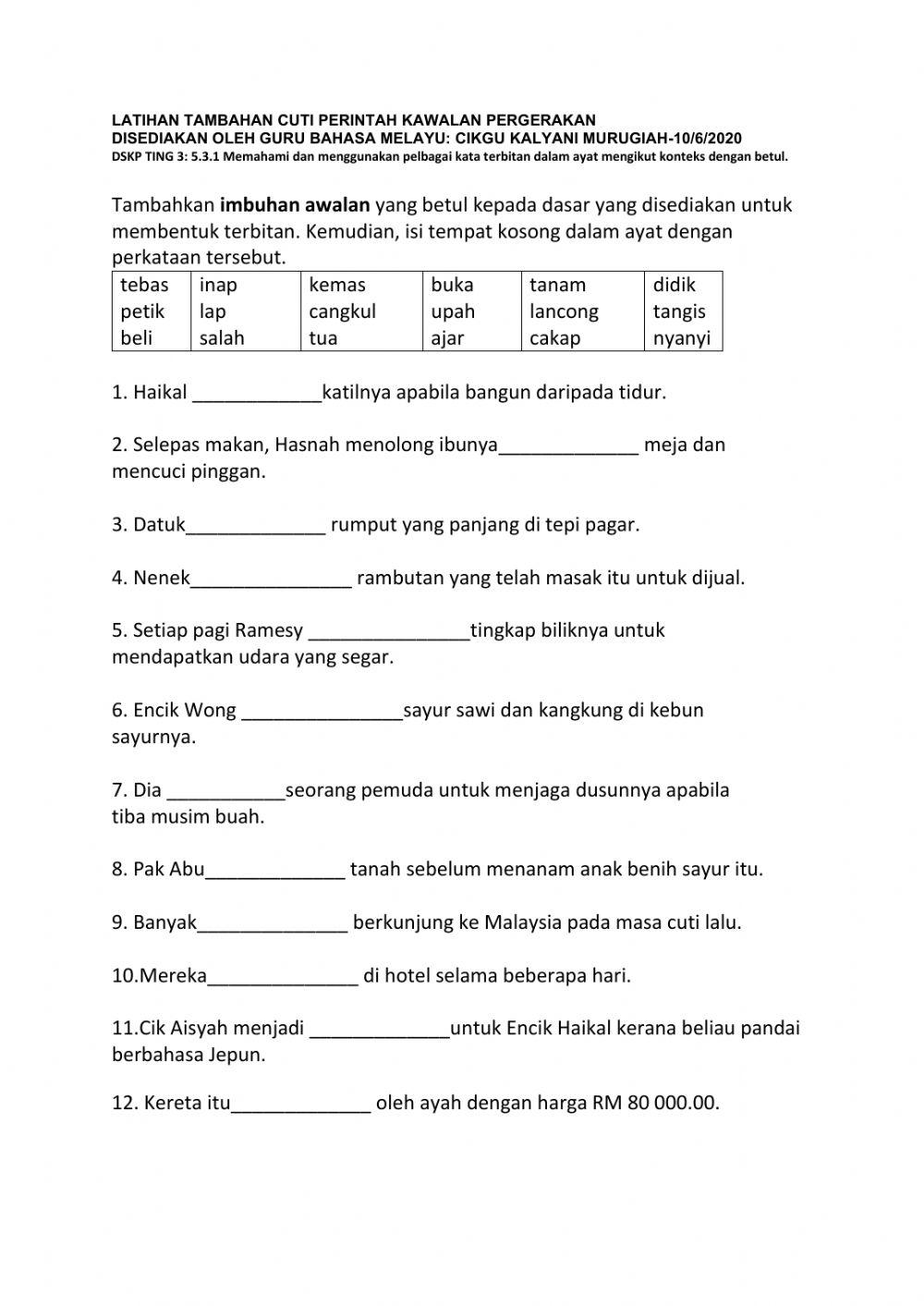 LATIHAN KATA NAMA TERBITAN 2-10-6-2020 online exercise for | Live ...