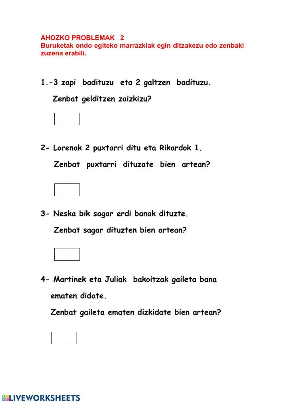 Ahozko problemak 2 worksheet | Live Worksheets
