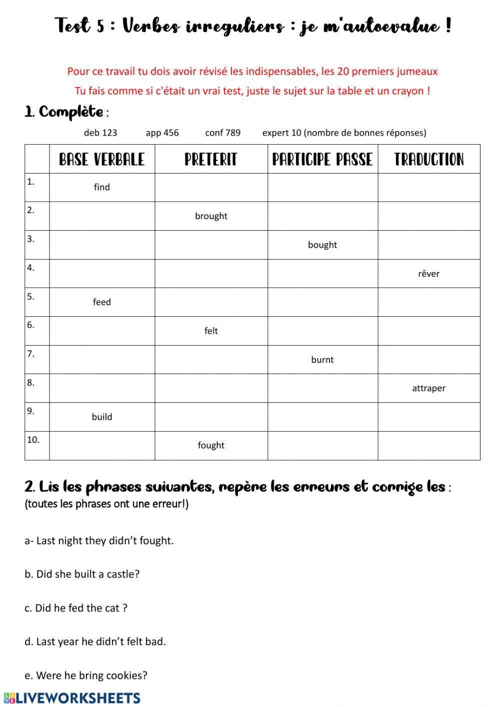 Verbes 5 worksheet | Live Worksheets
