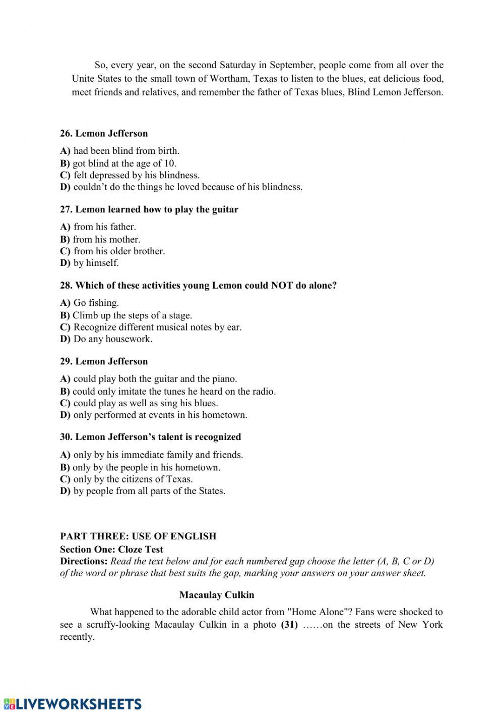State exam practice test 13 - 2012 worksheet | Live Worksheets