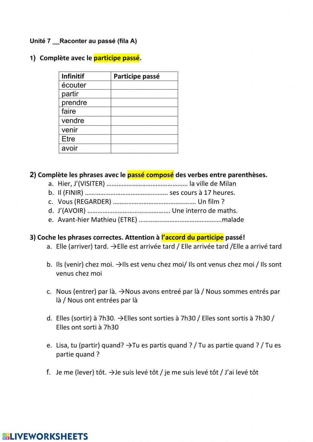 Passé Composé Activity For Collège Live Worksheets