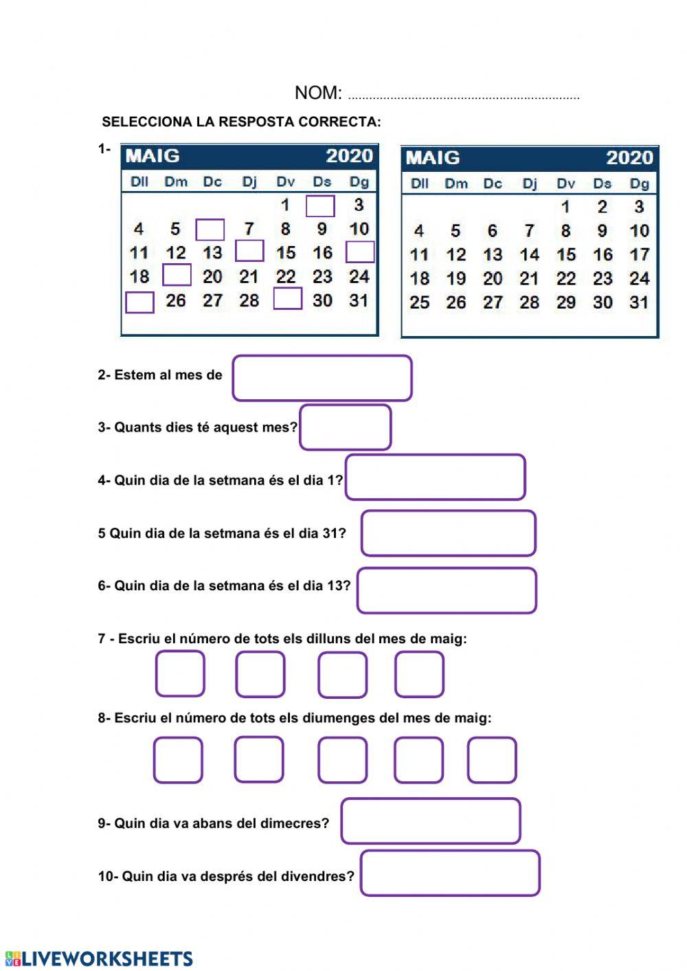Mes de maig | Free Interactive Worksheets | 150017