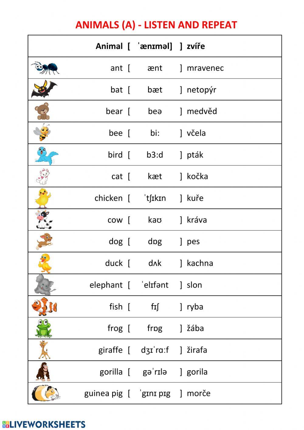 Animals (A) - LISTEN AND REPEAT worksheet | Live Worksheets
