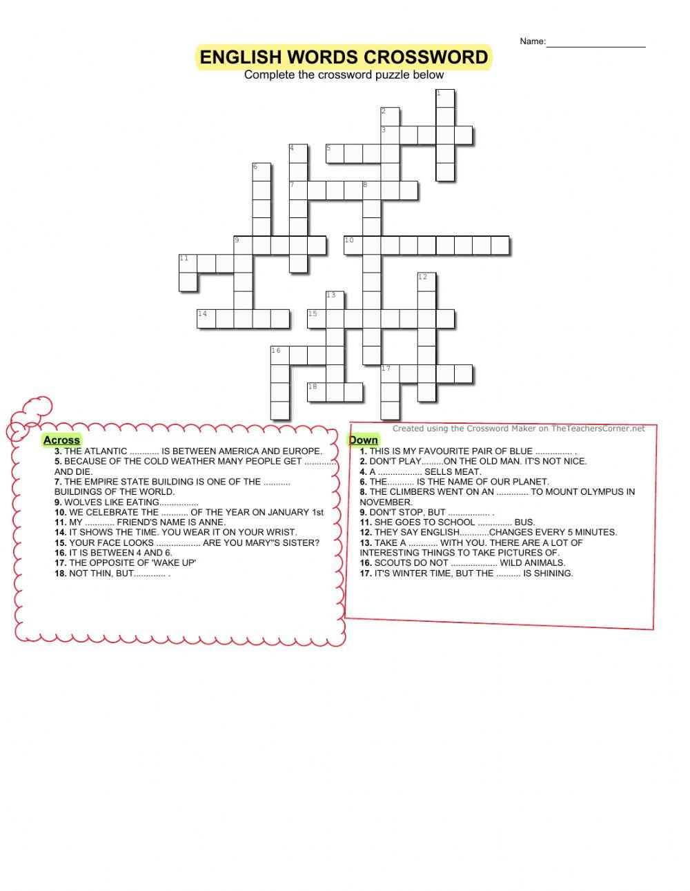 ENGLISH WORDS CROSSWORD worksheet | Live Worksheets
