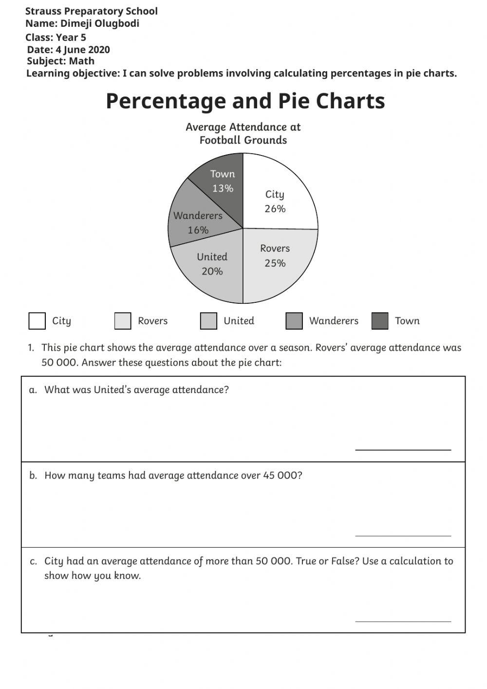 Percentage in Pie Charts interactive worksheet | Live Worksheets