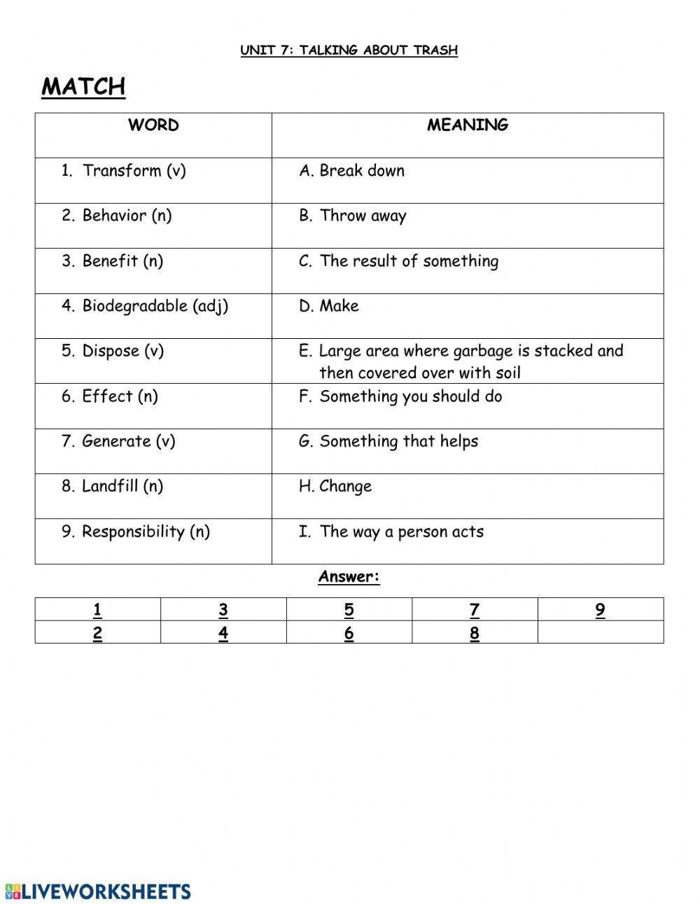 Vocabulary Unit 7 Part 2: Talking About Trash worksheet | Live Worksheets