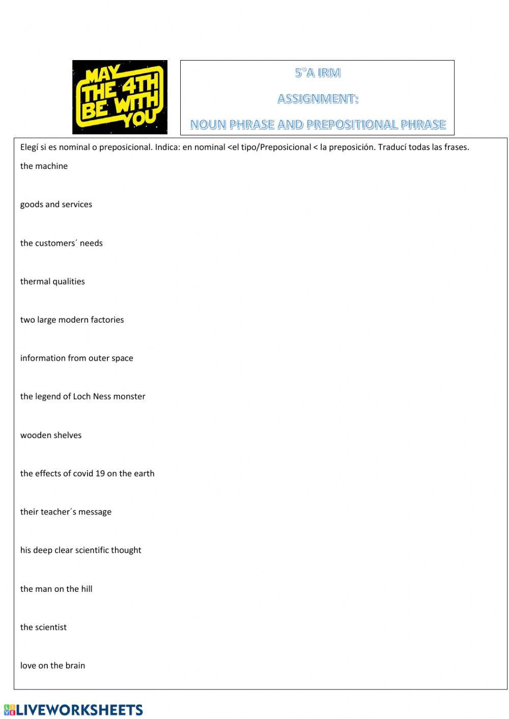 Noun and prepositional phrases online exercise for | Live Worksheets