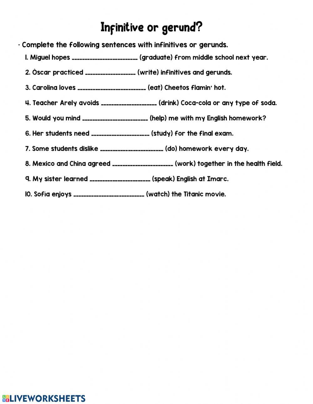 5 Gerund or infinitive? online exercise for | Live Worksheets