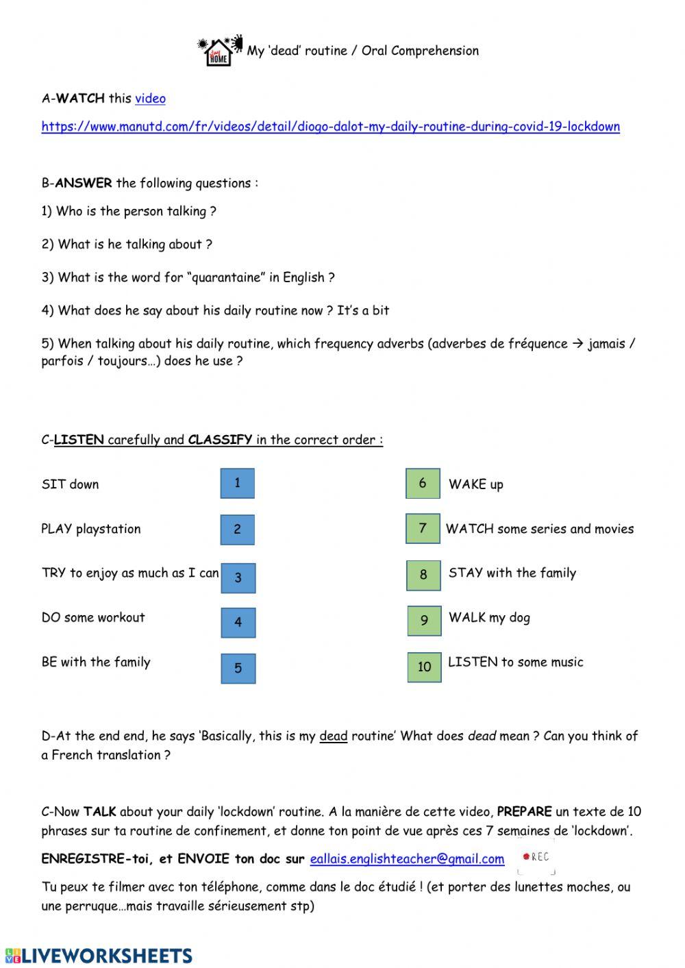 Lockdown routine CO 4eme worksheet | Live Worksheets