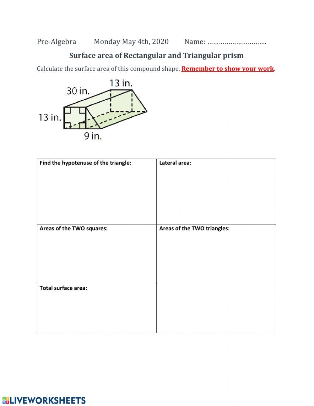Pre-Algebra Surface area of compound shape online exercise for | Live ...
