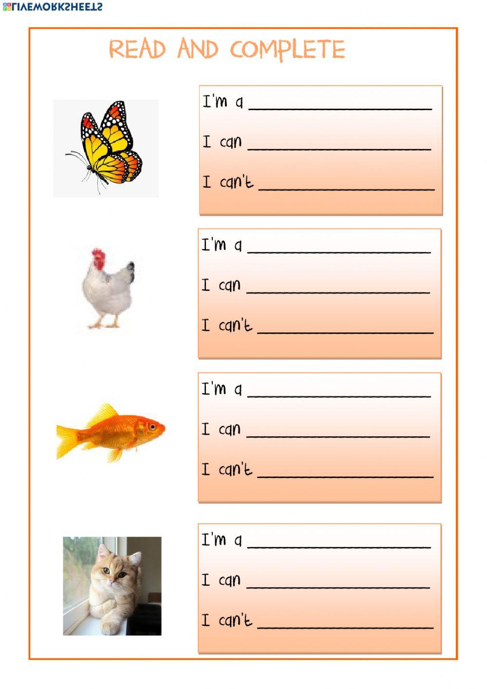 Animals: can or can't ? worksheet | Live Worksheets