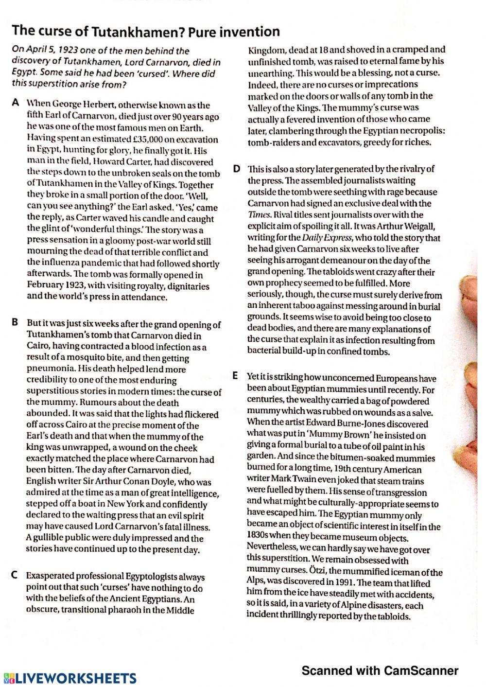 READING COMP PART 8 CAE TUTANKAMEN online exercise for | Live Worksheets