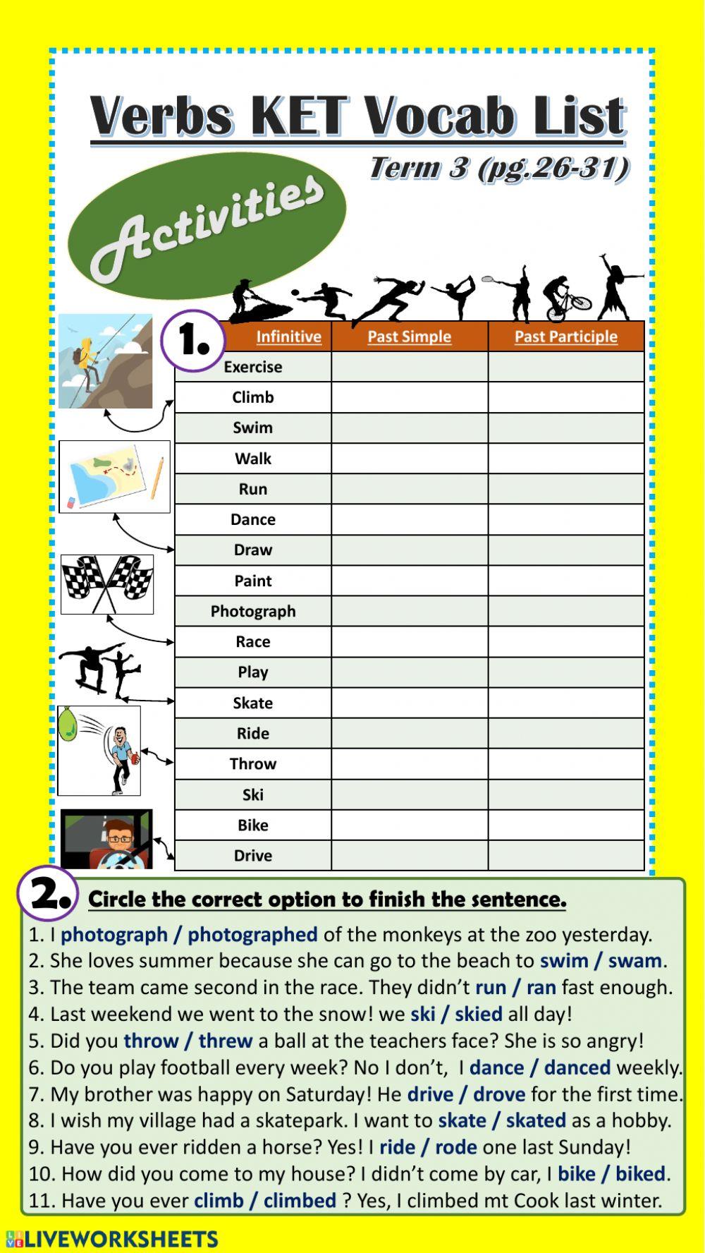 Verbs - Vocab list KET term 3 - part 2 worksheet | Live Worksheets