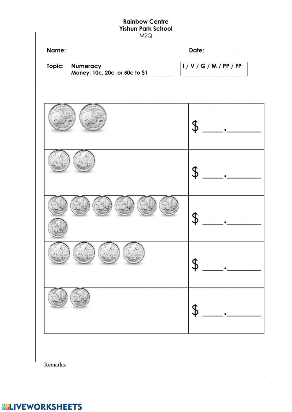 Money Writing Worksheet - 10c, 20c, or 50c to -1 D, L, Y