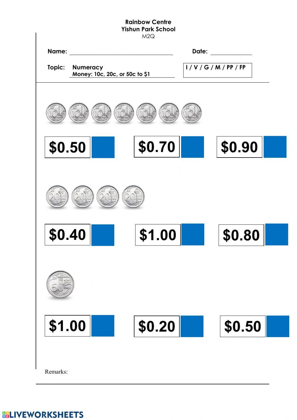 Money Tick Worksheet - 10c, 20c, or 50c to -1 D, L, Y worksheet | Live ...