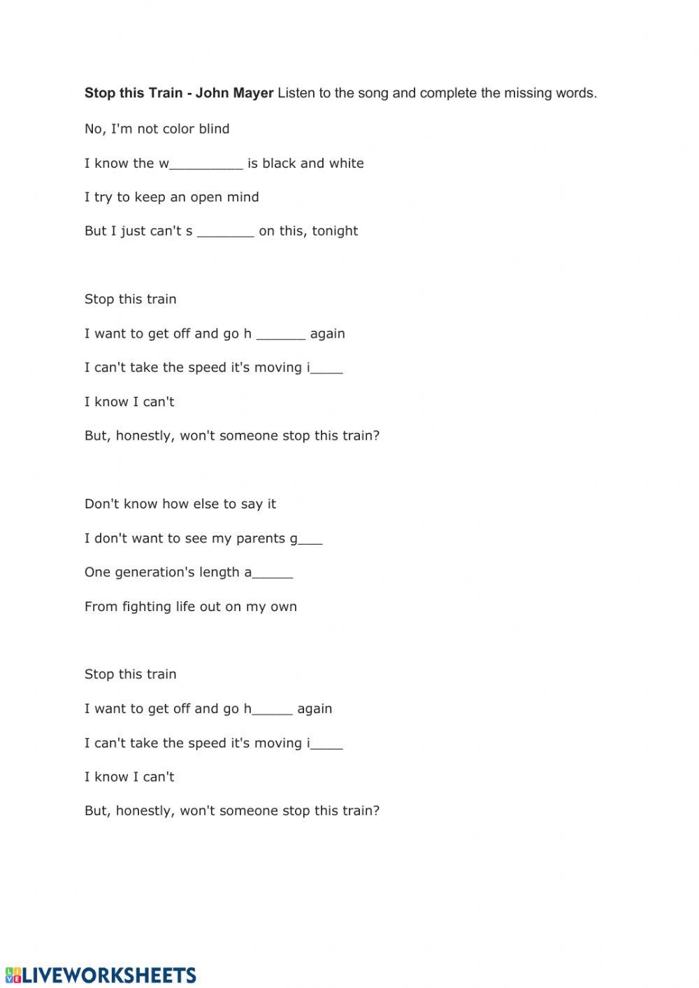 Stop this train by John Mayer worksheet | Live Worksheets