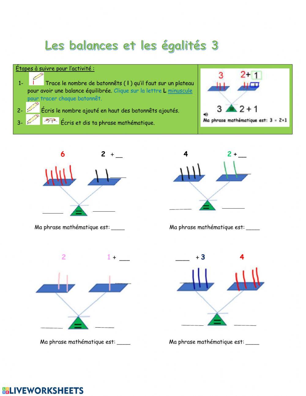 La balance et les égalités 3 worksheet | Live Worksheets