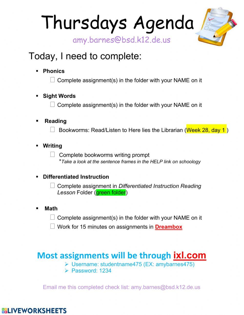 Thursday's Agenda interactive activity | Live Worksheets