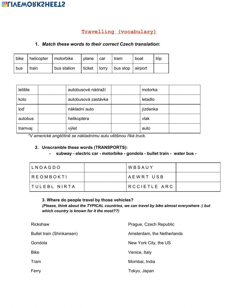 Pdf online activity: Transportation | Live Worksheets