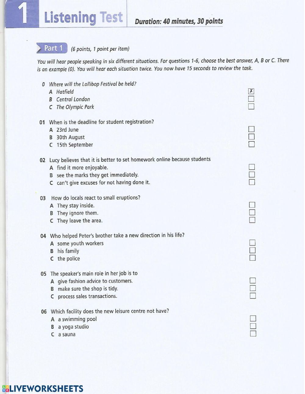 Listening practice. Test 1 online exercise for | Live Worksheets