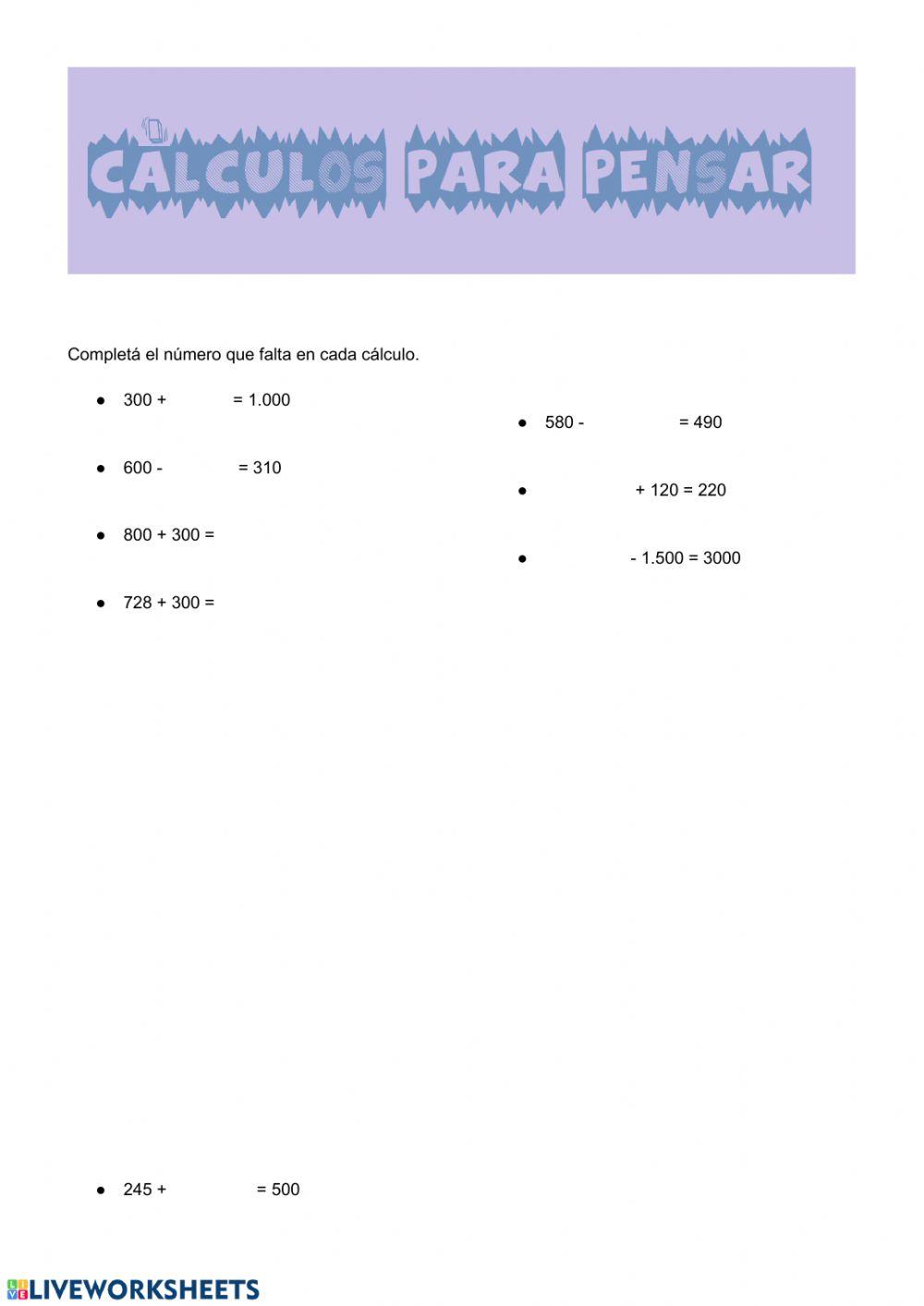 Cálculos para pensar worksheet | Live Worksheets