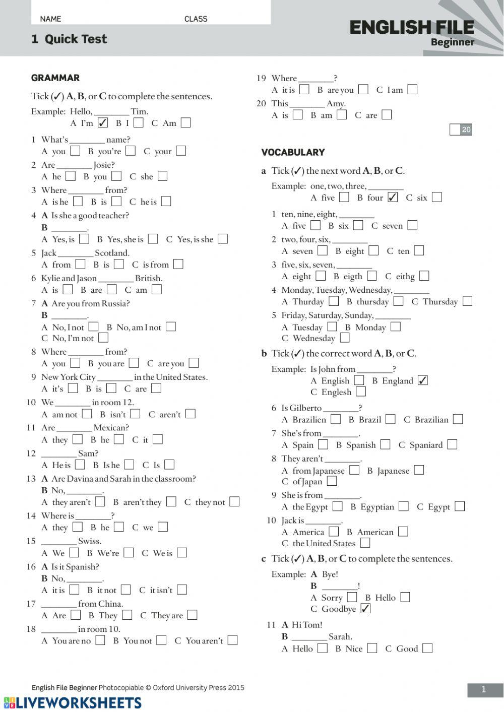 Quick Test Engl… | Free Interactive Worksheets | 5594510
