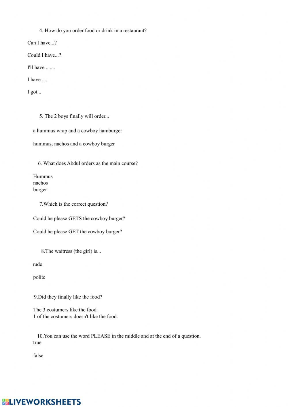 Ordering food at the restaurant. worksheet | Live Worksheets