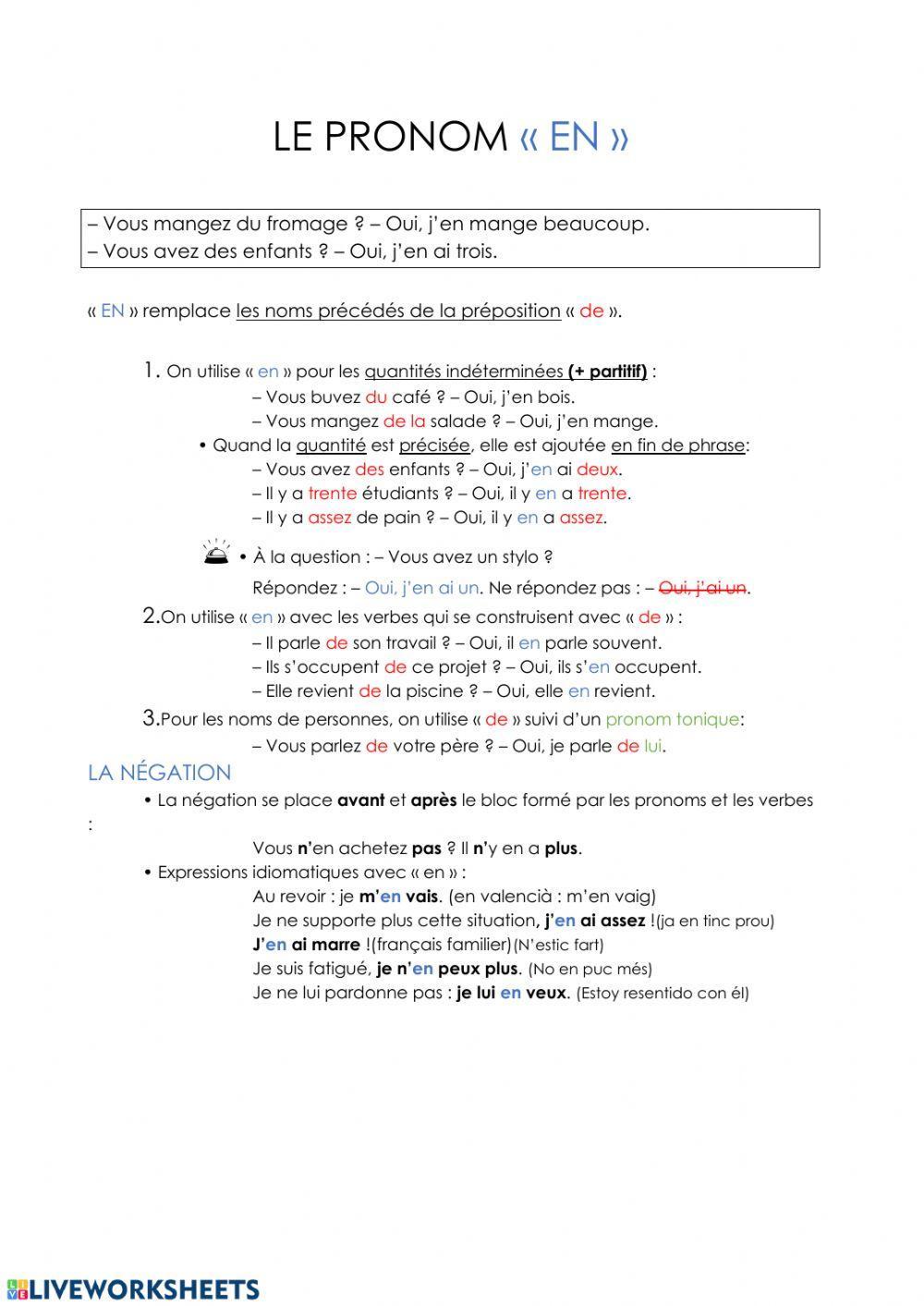 Le pronon EN | Free Interactive Worksheets | 159566