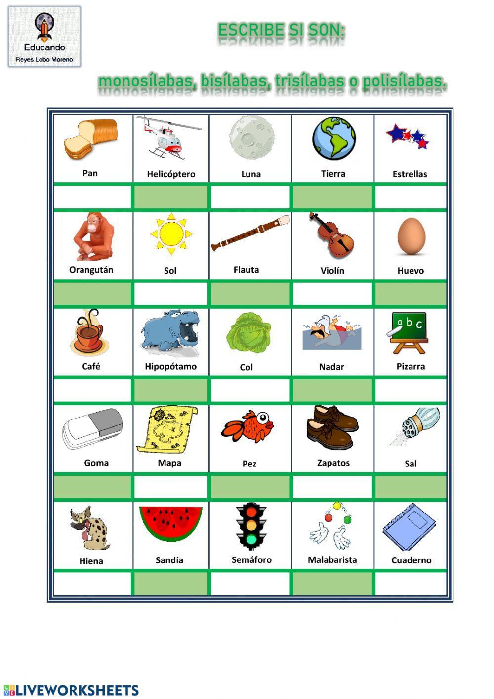 Palabrasmonosílabas Bisílabas Trisílabas Y Worksheet 40 Off 