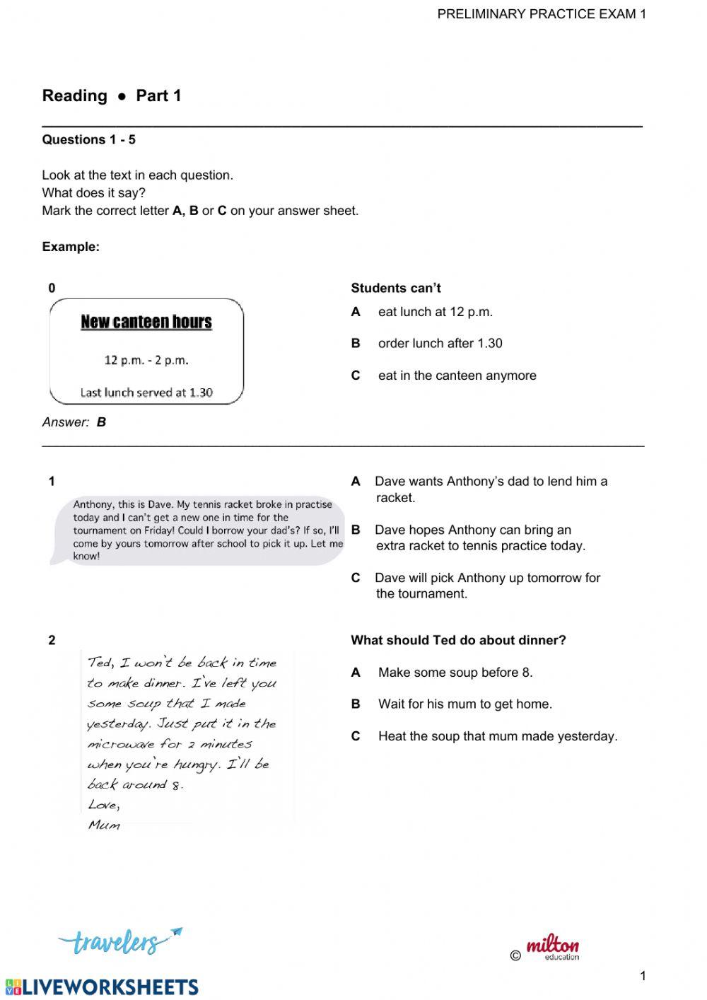 PET Practice Test Reading Parts 1 and 2 worksheet | Live Worksheets