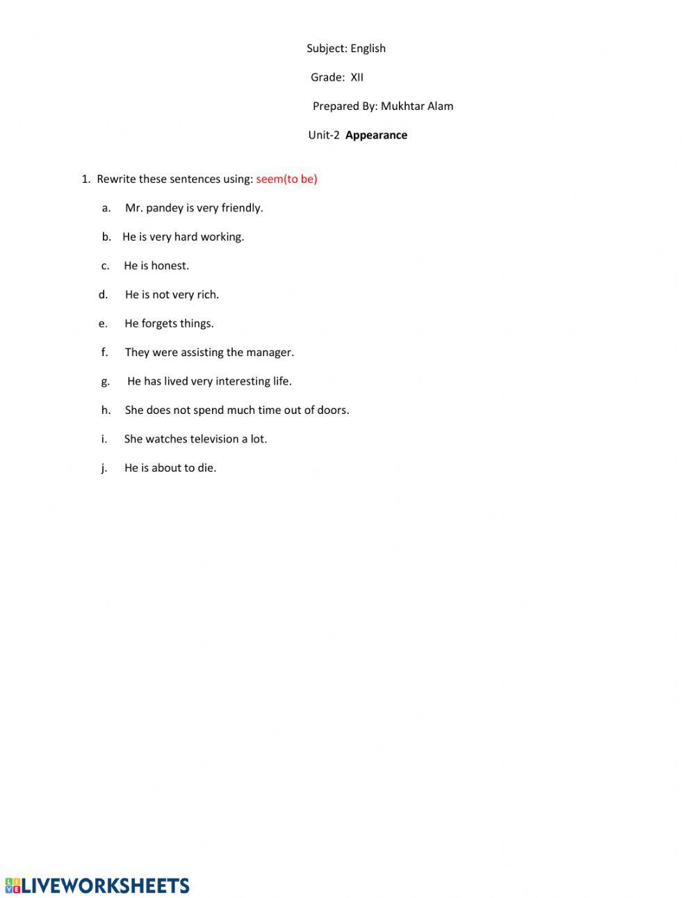 Unit -2 Appearance interactive worksheet | Live Worksheets