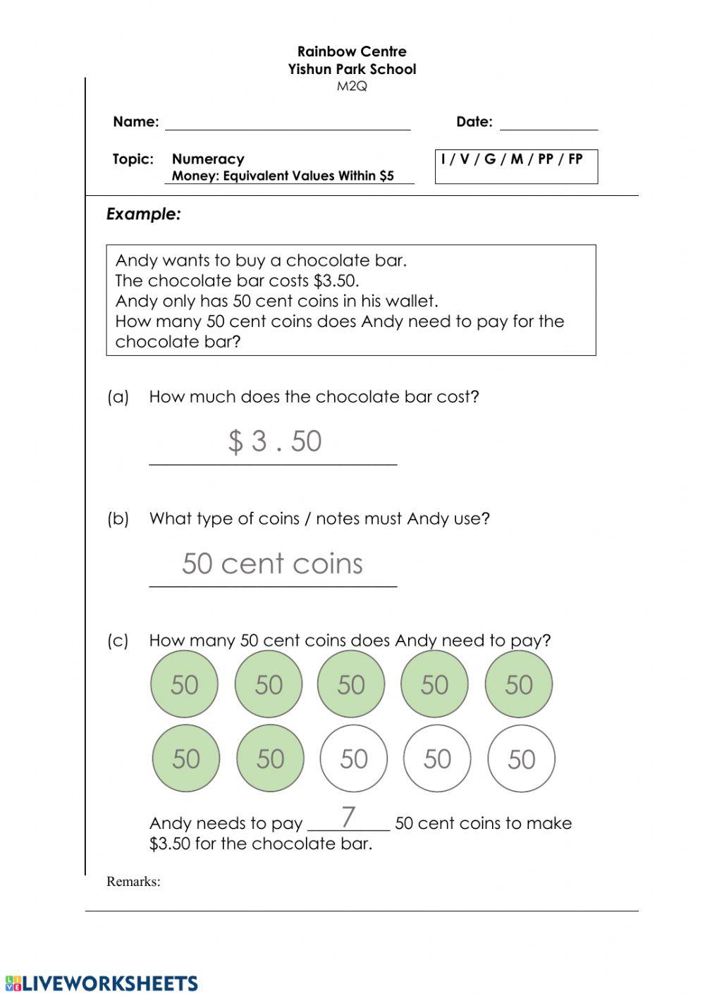 Money Problem Sums Worksheet - Equivalent Values Within -5 H, Z 1 ...